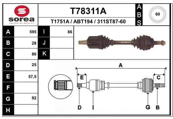 BB1360 Posterparts Полуось (привод) передняя левая