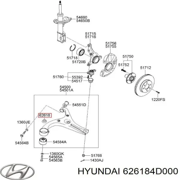 626184D000 Hyundai/Kia Гайка болта крепления переднего рычага, нижнего